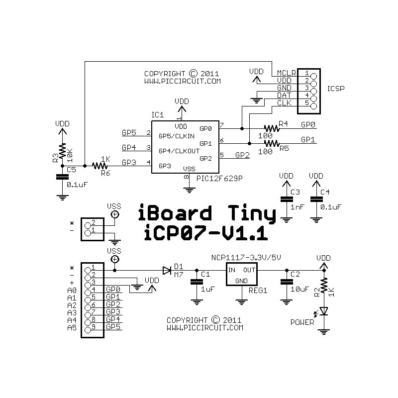 iCP07 - iBoard Tiny (Microchip 8-pin PIC12 Development Board)