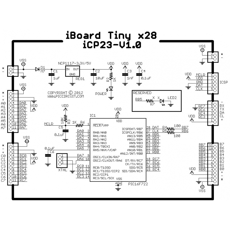iCP23 - iBoard Tiny x28 (Microchip 28-pin PIC16 & PIC18 Development Board)
